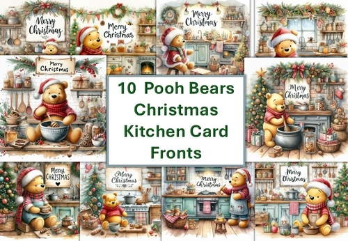 10 8x8 Pooh Bear Christmas Kitchen with Christmas Sign card fronts JPEG ...