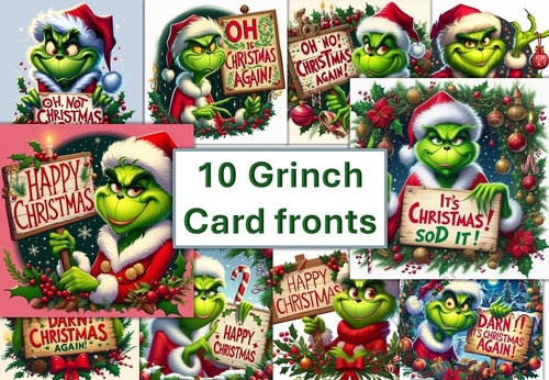 10 The Grinch Card fronts with Christmas sentiments. 8x8 inches. JPEG ...