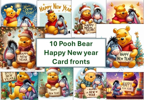 10 Pooh Bear and Eeyore Happy New Year Card Fronts 8x8 inches JPEGS ...