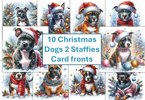10 Christmas dogs Staffie, Staffordshire Bull Terrier, cute dog, card ...