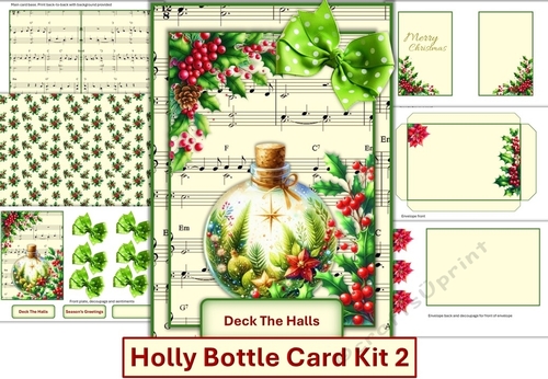 Holly Bottle Card Kit 2 with inserts, decoupage, sentiments and ...