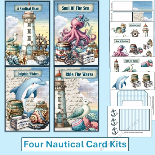 4 Soul Of The Sea Nautical Cards Kit with Main card base, decoupage and ...
