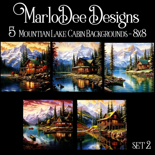 Watercolor Mountains, Lake & Cabins Scenes 8x8 Backgrounds - set 2 ...