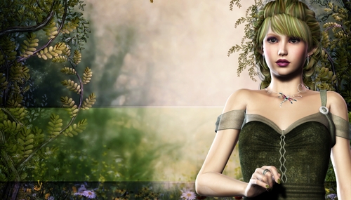 Green Hair Elf Woman on Muted Outdoor Themed Fantasy Digital Paper ...