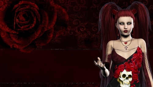 Gothic Red Hair Woman on Dark Red Rose Goth Theme Digital Paper ...