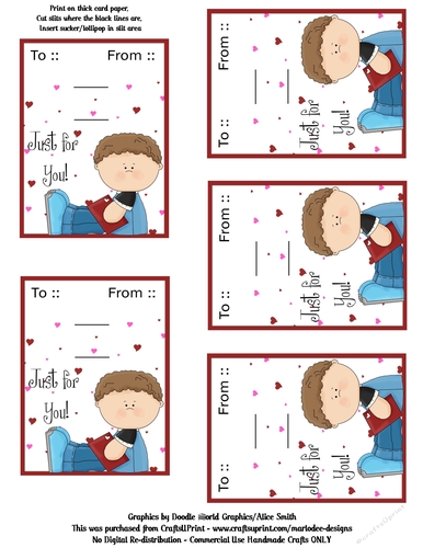 Little Brown Hair Boy Valentines Day Candy Sucker Lollipop Cards Sheet ...
