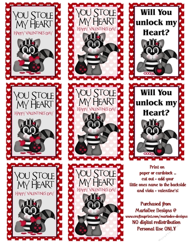 Racoon Love Bandit - Childrens Printable Valentines Sheet design 1 ...