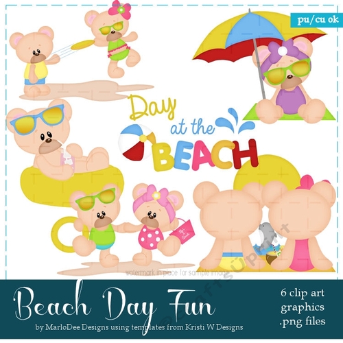 Beach Day Fun - Marshmallow & Honey Teddy Bears Clip Art Graphics ...