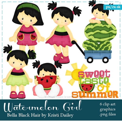 Bella - Little Watermelon Girl with Black Hair Clip Art Graphics ...