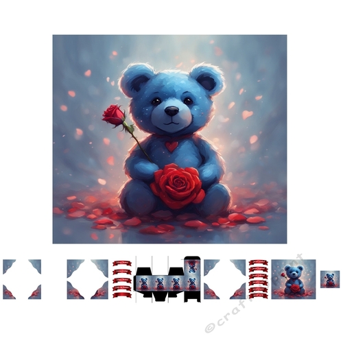 Blue Teddy With Red Roses 7x7 Card kit 3D Corner Decoupage With ...