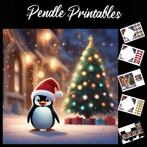 A Cute Penguins Christmas Tree 7x7 Card Kit. Matching Box, Gift Bauble ...