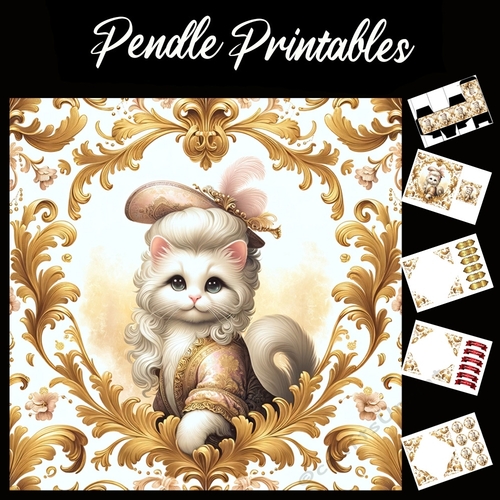 Cute Rococo Style Aristo-Cat 7x7 Card Kit. Matching Box, Gift Bauble ...