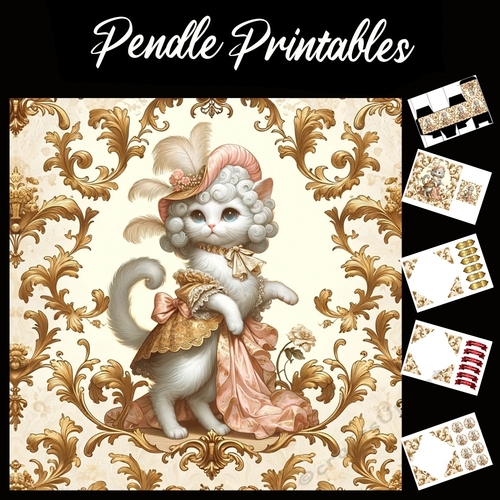 Cute Rococo Style Aristo-Cat 2 7x7 Card Kit. Matching Box, Gift Bauble ...