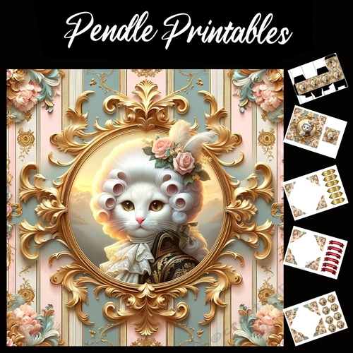 Cute Rococo Style Aristo-Cat 5 7x7 Card Kit. Matching Box, Gift Bauble ...
