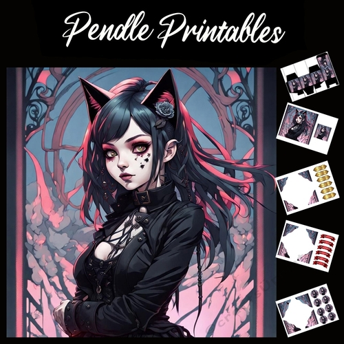 Chibi Style Gothic Cat Girl 7x7 Card Kit. Matching Box, Gift Bauble ...