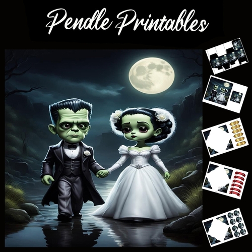 Chibi Style Frankenstein And His Bride 7x7 Card Kit. Matching Box, Gift ...