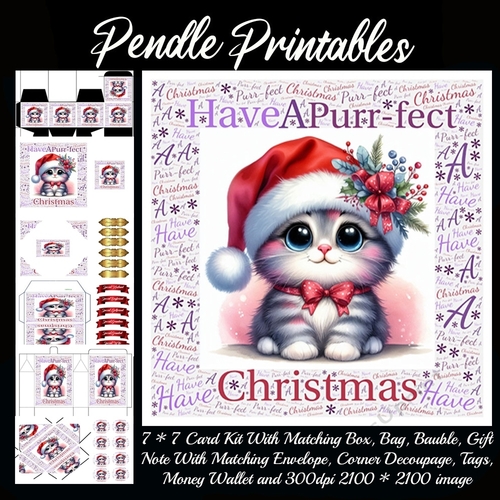 NEW* Word Art Border Card Have A Purr-fect Christmas Cat 3. 9 Piece 7x7 ...