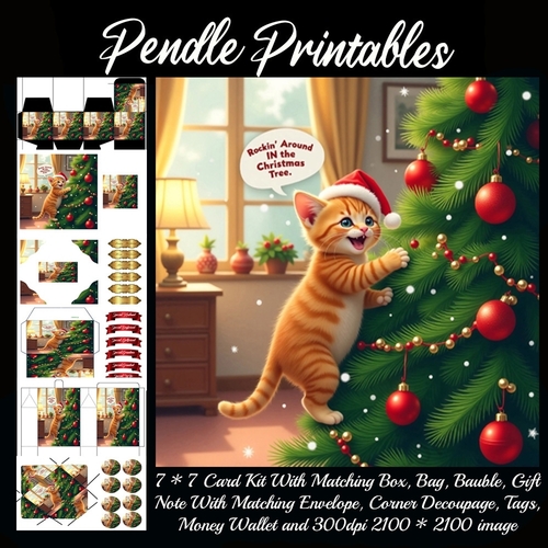 Rockin Around In The Christmas Tree. Cute Kitten. 9 Piece 7x7 Complete ...