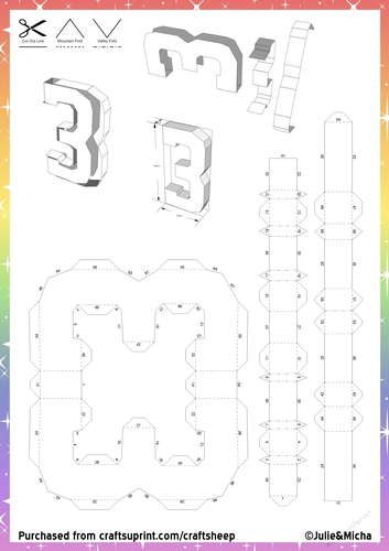 3D-Number 3 Papercraft, Size S (ca. 10 cm high), Single Sheet ...