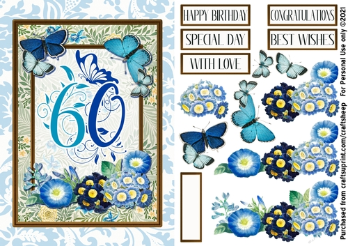 Floral Number 60 Quick Card in A5 and 5x7 with Decoupage Flowers ...