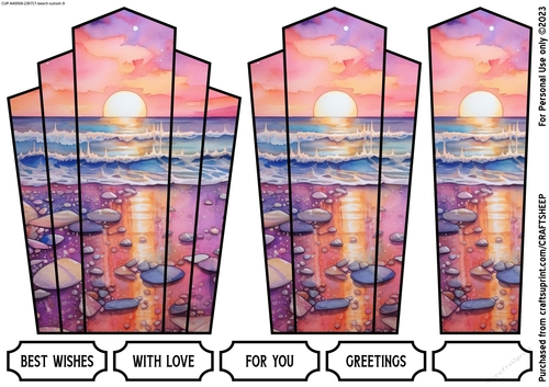 Beach Sunset Art Deco Shaped 5x7in Card Front and Pyramage Topper plus ...