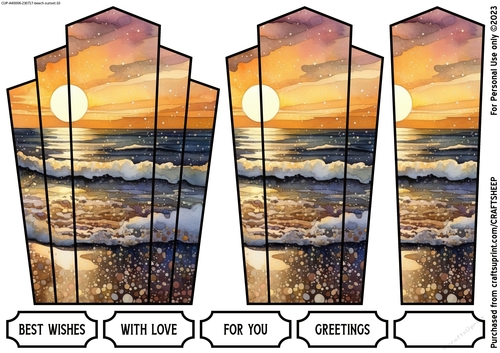 Beach Sunset Art Deco Shaped 5x7in Card Front and Pyramage Topper plus ...