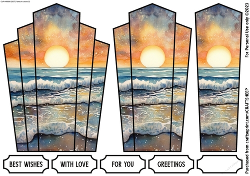 Beach Sunset Art Deco Shaped 5x7in Card Front and Pyramage Topper plus ...