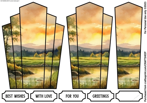 Sunset Landscape Art Deco Shaped 5x7in Card Front and Pyramage Topper ...