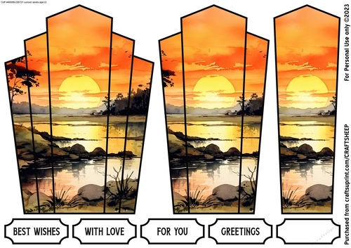 Sunset Landscape Art Deco Shaped 5x7in Card Front and Pyramage Topper ...
