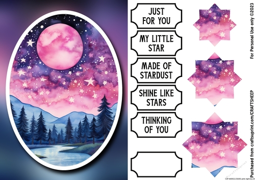 Pink Nightsky Quick Card Front A5 and 5x7in with Star-Shaped Pyramage ...
