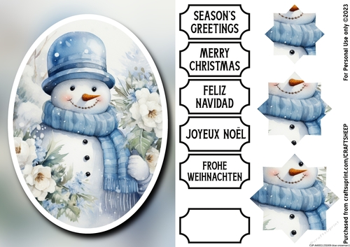 Blue Snowman Quick Card Front A5 and 5x7in with Star-Shaped Pyramage ...