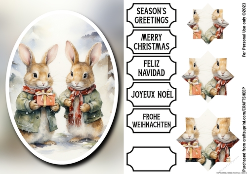 Christmas Rabbits Quick Card Front A5 and 5x7in with Star-Shaped ...