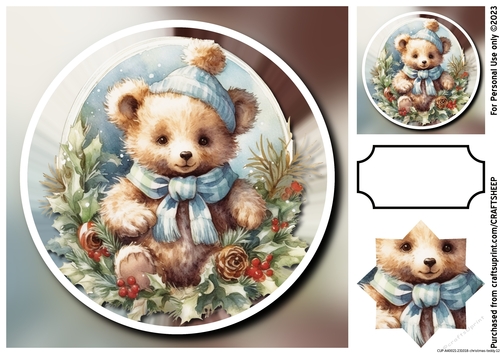 Christmas Teddy Quick Card Front 8x8 and 7x7in with Gift Tag and Star ...