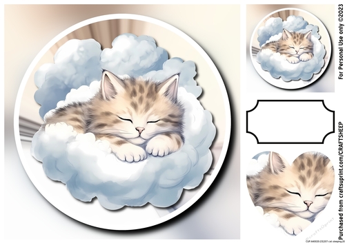 Cat Sleeping Quick Card Front 8x8 and 7x7in with Gift Tag and Heart ...