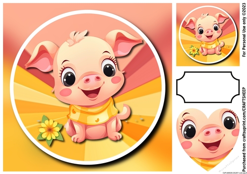 Cute Pig Quick Card Front 8x8 and 7x7in with Gift Tag and Heart-Shaped ...