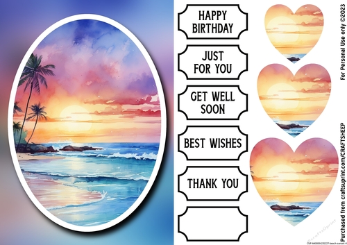Beach Sunset Quick Card Front A5 and 5x7in with Heart-Shaped Pyramage ...