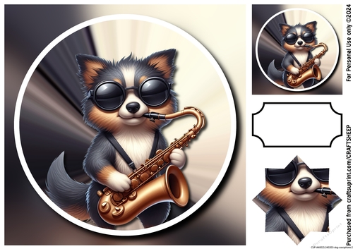 Dog Saxophone Quick Card Front 8x8 and 7x7in with Gift Tag and Star ...