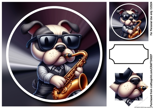 Dog Saxophone Quick Card Front 8x8 and 7x7in with Gift Tag and Star ...