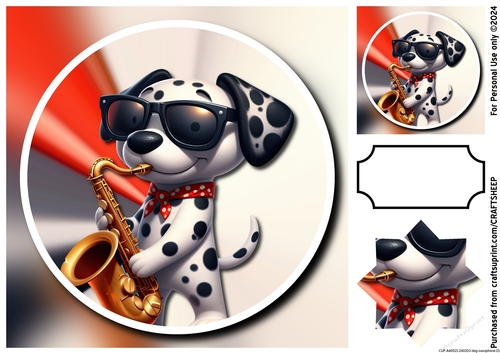 Dog Saxophone Quick Card Front 8x8 and 7x7in with Gift Tag and Star ...
