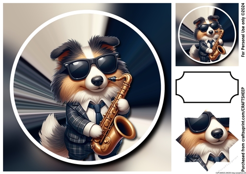 Dog Saxophone Quick Card Front 8x8 and 7x7in with Gift Tag and Star ...
