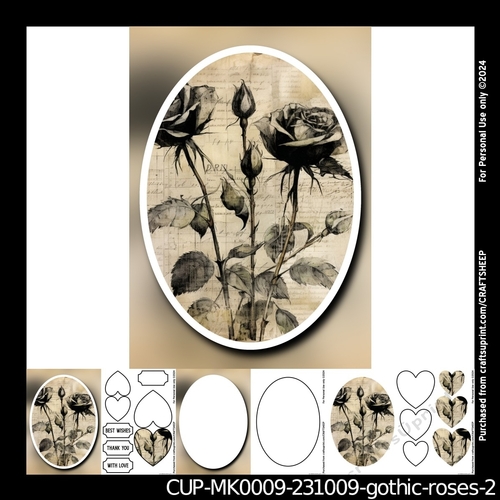 Gothic Roses Card Topper and Insert with Heart-Shaped Gift Tags plus ...