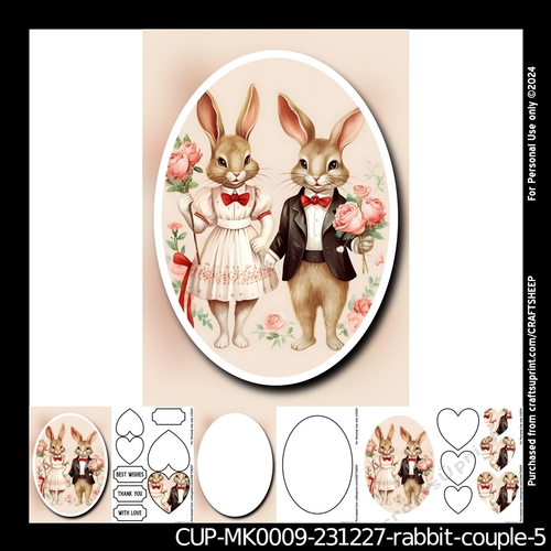 Rabbit Couple Card Topper and Insert with Heart-Shaped Gift Tags plus ...