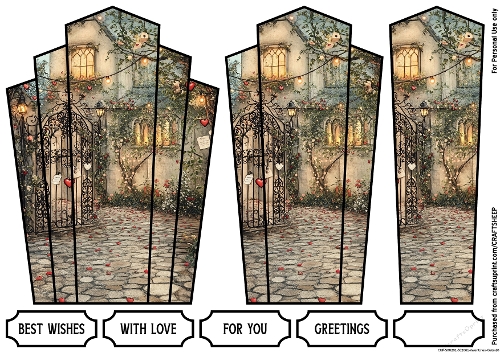 Romantic Valentines Gate Art Deco Shaped 5x7in Card Front and Pyramage ...