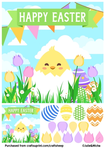 Cute Baby Chicken among Spring Flowers and Colourful Easter Eggs 8x8 ...