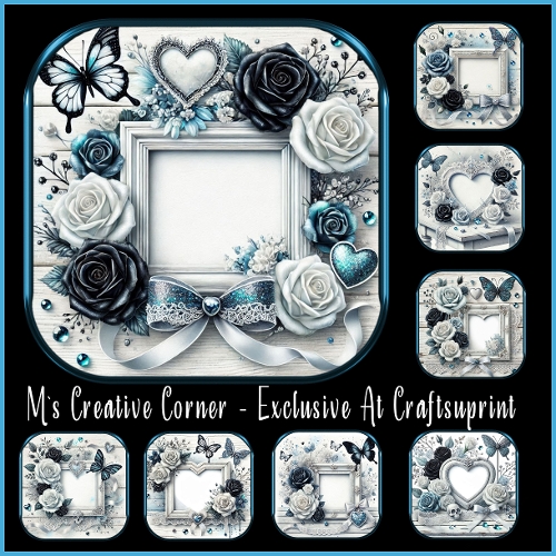 8 DIFFERENT GOTHIC FRAME TOPPERS WITH BLUE-WHITE AND BLACK ROSES ...