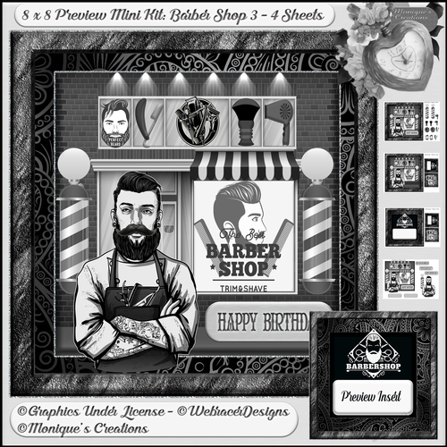 8 x 8 Mini Kit; Barber Shop 3 Monochrome - CUP954241_2246 | Craftsuprint