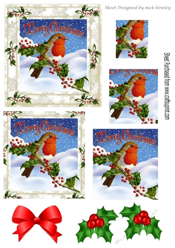 A Lovely robin on a branch with snow and berries square pyramids ...