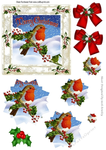 A Lovely robin on a branch with snow and berries snow flake pyramids ...