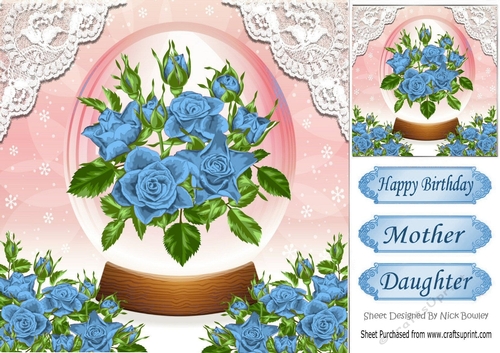 pretty blue roses in glass dome with corner blue roses and lace 8x8 ...
