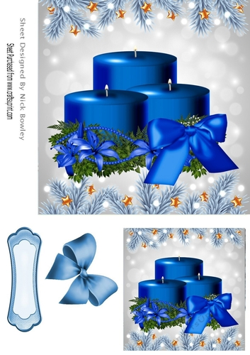 Pretty blue festive candles in holly frame with blue bow 7x7 ...
